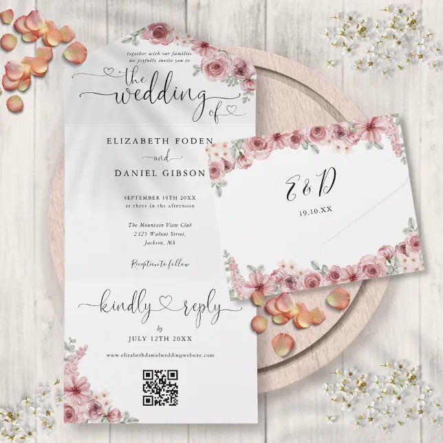 Dusty Rose Floral QR Code Script Hearts Wedding All In One Invitation | Zazzle