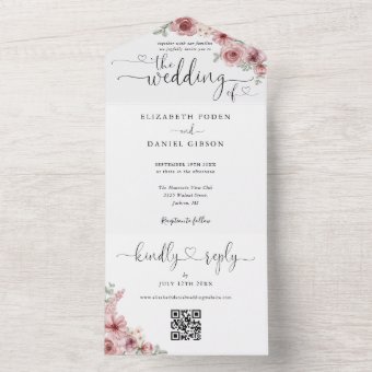 Dusty Rose Floral QR Code Script Hearts Wedding All In One Invitation | Zazzle