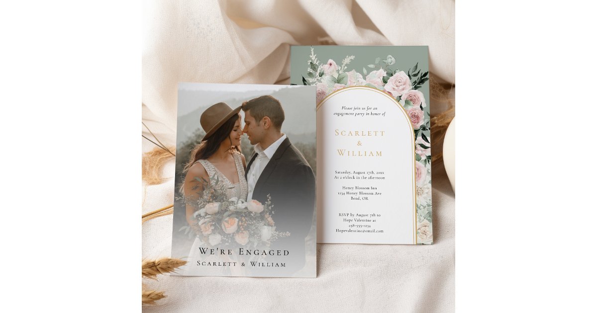 Dusty Rose Gold Arch Sage Photo We're Engaged Invitation | Zazzle