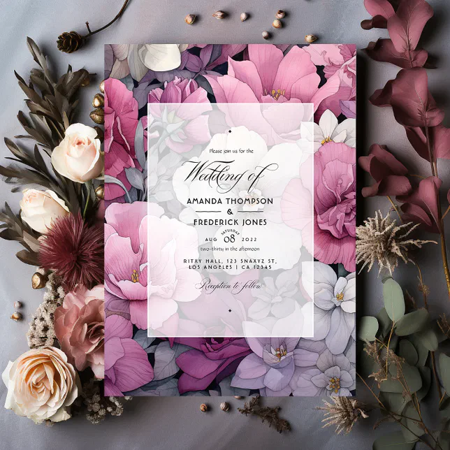 Dusty Rose, Gray, and Silver Floral Wedding Invitation | Zazzle