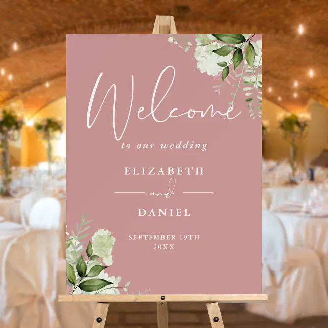 Dusty Rose Greenery Floral Wedding Welcome Sign | Zazzle