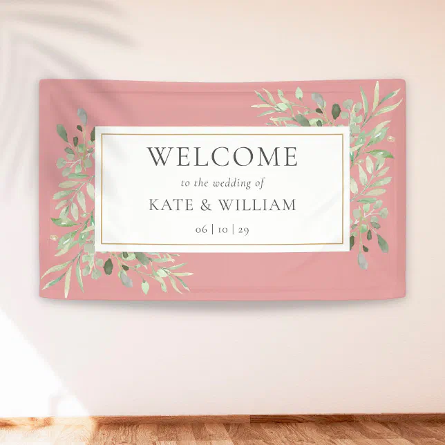 Dusty Rose Greenery Foliage Wedding Welcome Banner | Zazzle
