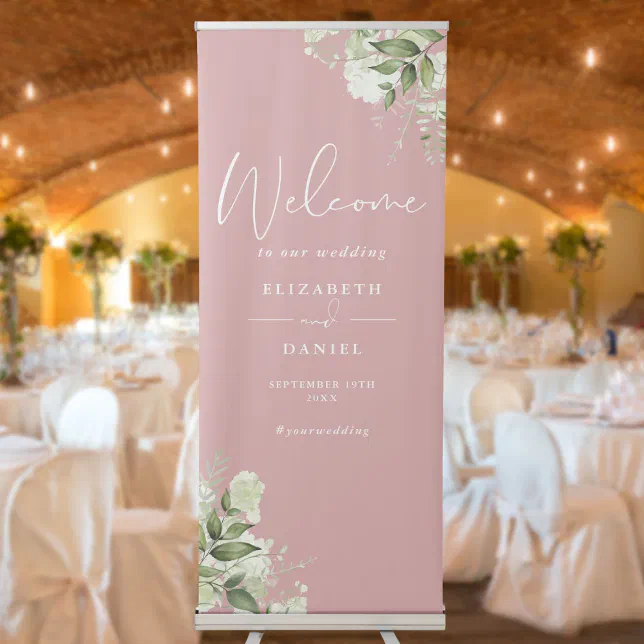 Dusty Rose Greenery Foliage Wedding Welcome Retractable Banner | Zazzle