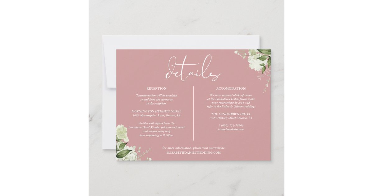 Dusty Rose Greenery Wedding Details Information Invitation | Zazzle