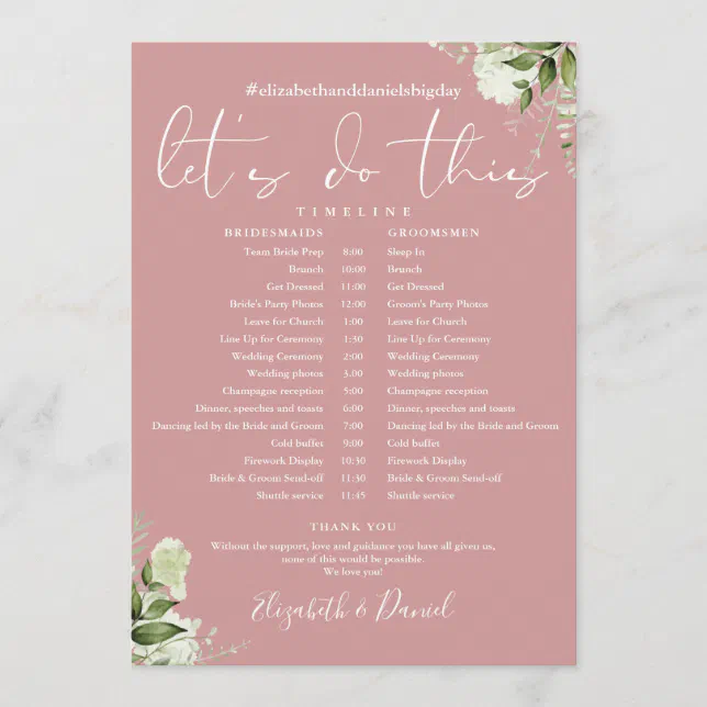 Dusty Rose Greenery Wedding Schedule Timeline Program | Zazzle Dusty Rose Greenery Wedding Schedule Timeline Program | Zazzle