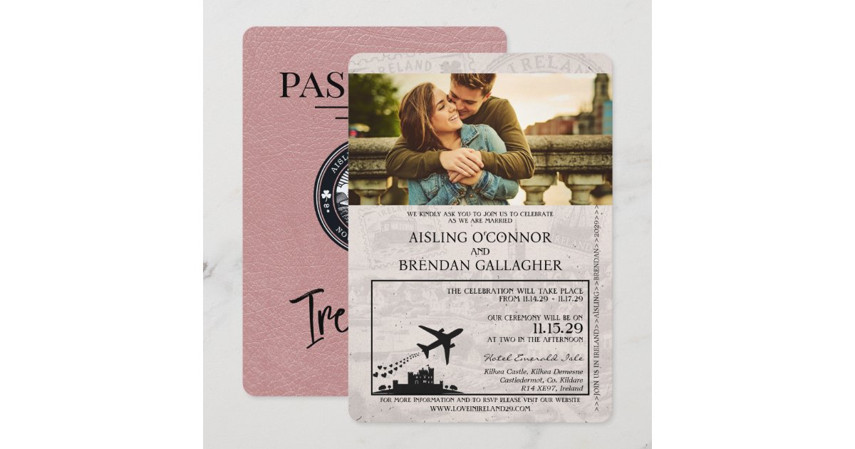 Dusty Rose Ireland Passport Wedding Invitation | Zazzle