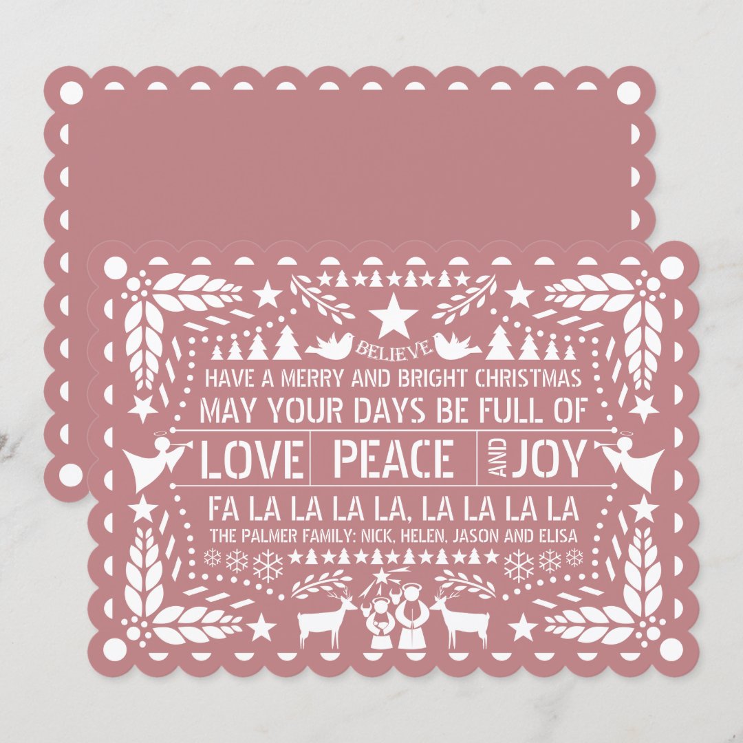 Dusty rose Love Peace Joy papel picado Christmas Holiday Card | Zazzle