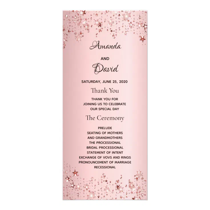 Dusty rose metallic stars pink wedding program | Zazzle