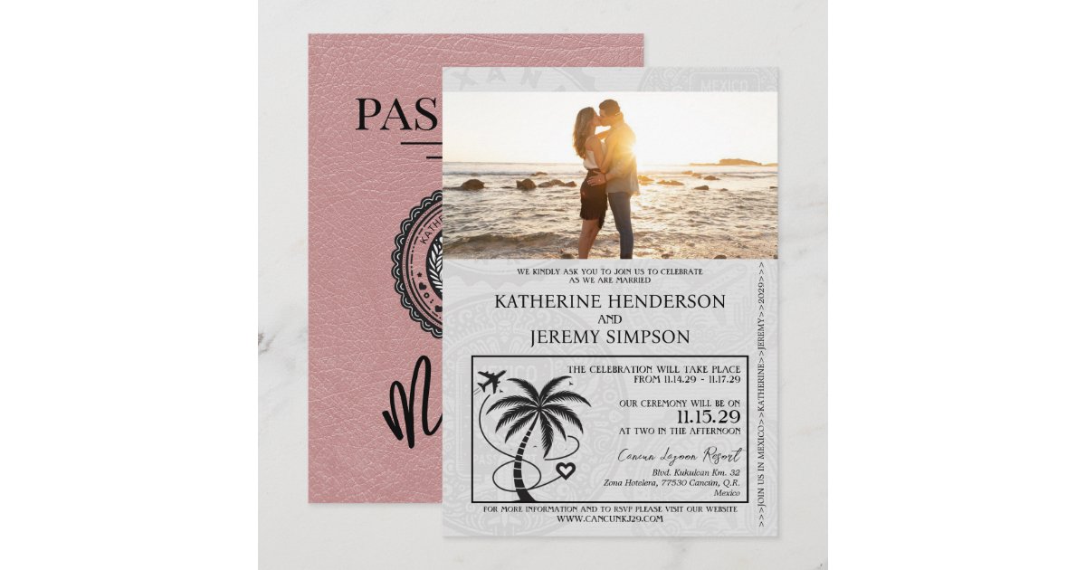 Dusty Rose Mexico Passport Wedding Invitation | Zazzle