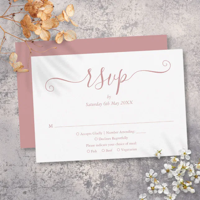 Dusty Rose Modern Elegant Script Wedding RSVP Card | Zazzle