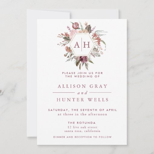 Dusty Rose Monogram Wedding Invitation | Zazzle