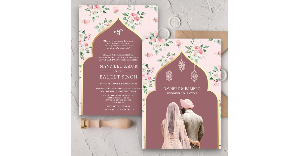 Dusty Rose Pink Floral Anand Karaj Sikh Wedding Invitation | Zazzle