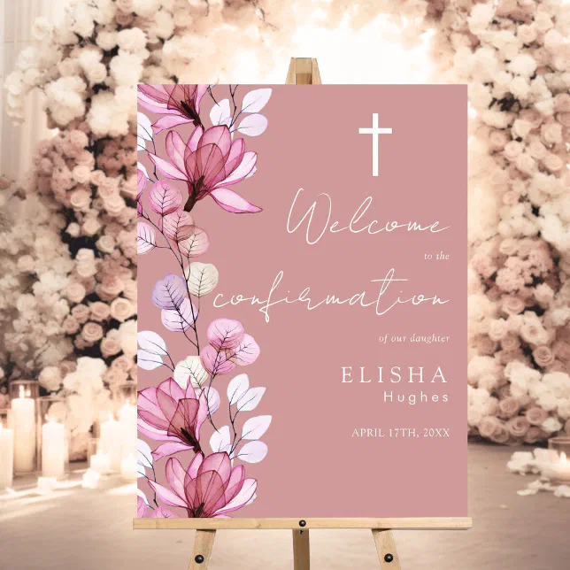 Dusty Rose Pink Floral Confirmation Welcome Sign | Zazzle