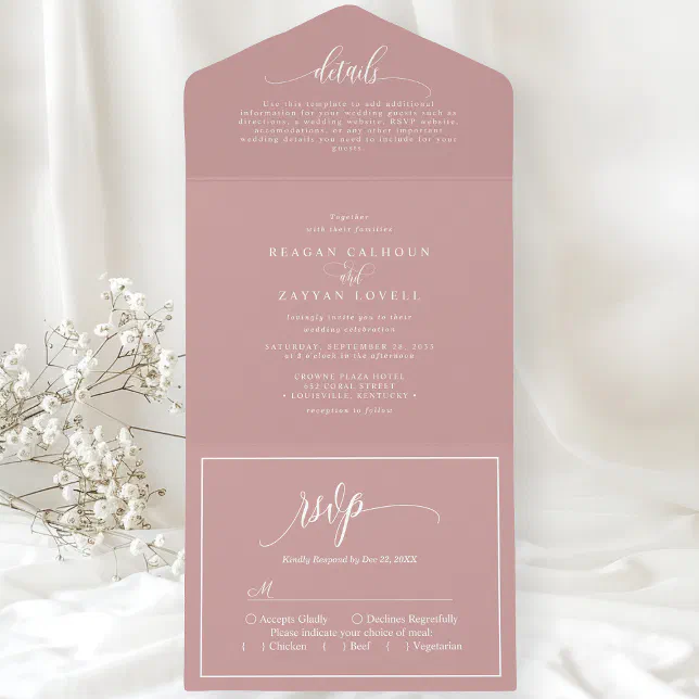 Dusty Rose Pink Simple Modern Script All In One Invitation | Zazzle
