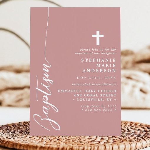 Dusty Rose Pink Simple Modern Script Baptism Invitation | Zazzle