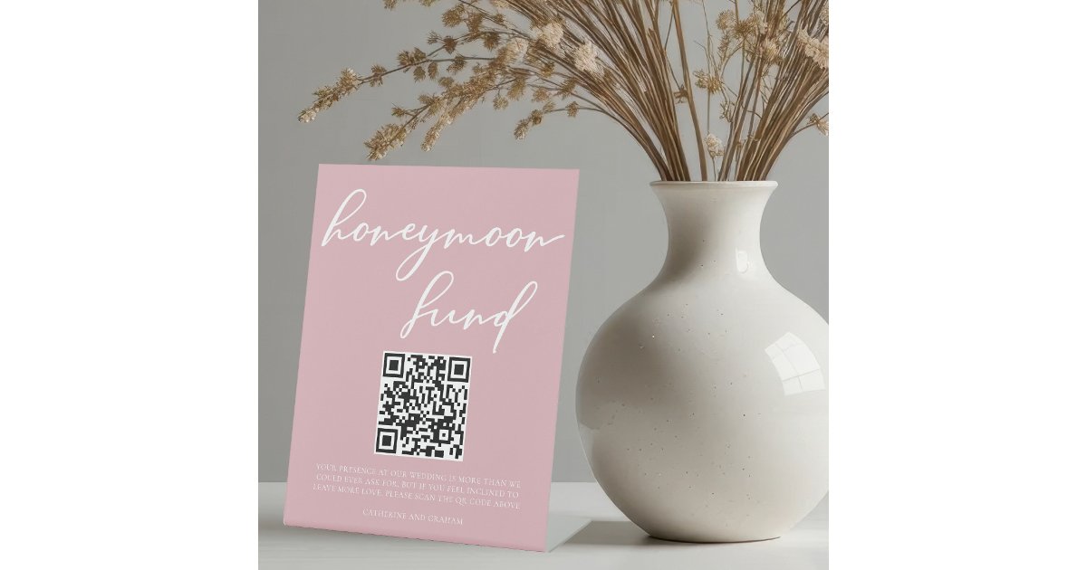 Dusty Rose Pink Wedding Honeymoon Fund QR Code Pedestal Sign | Zazzle
