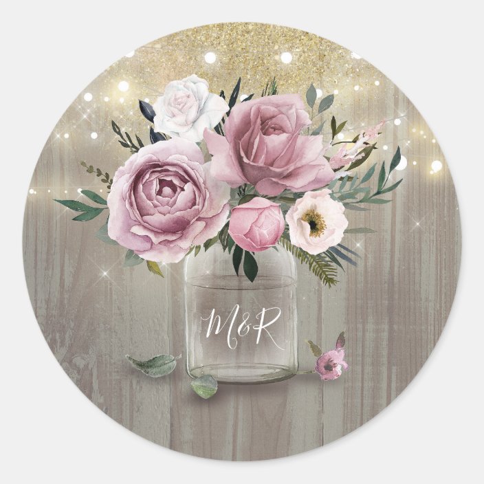 Dusty Rose Rustic Country Floral Mason Jar Classic Round Sticker ...