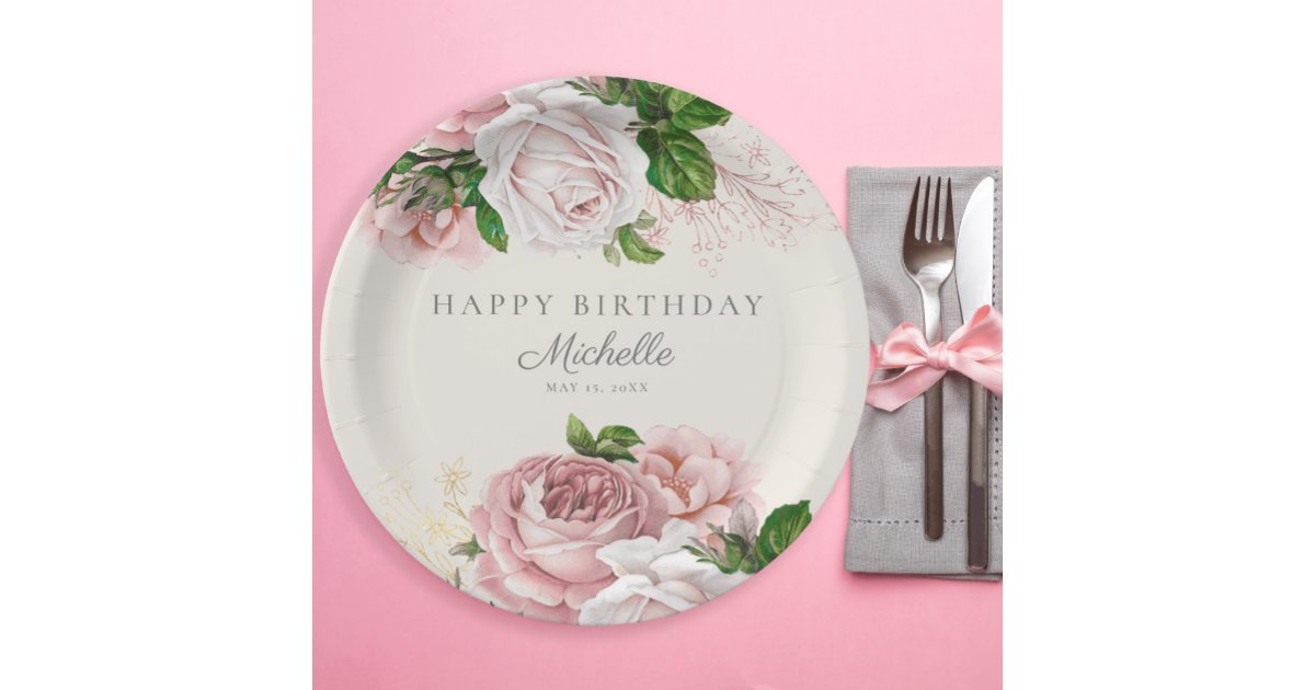 Dusty Rose Vintage Floral Women's Birthday Paper Plates | Zazzle