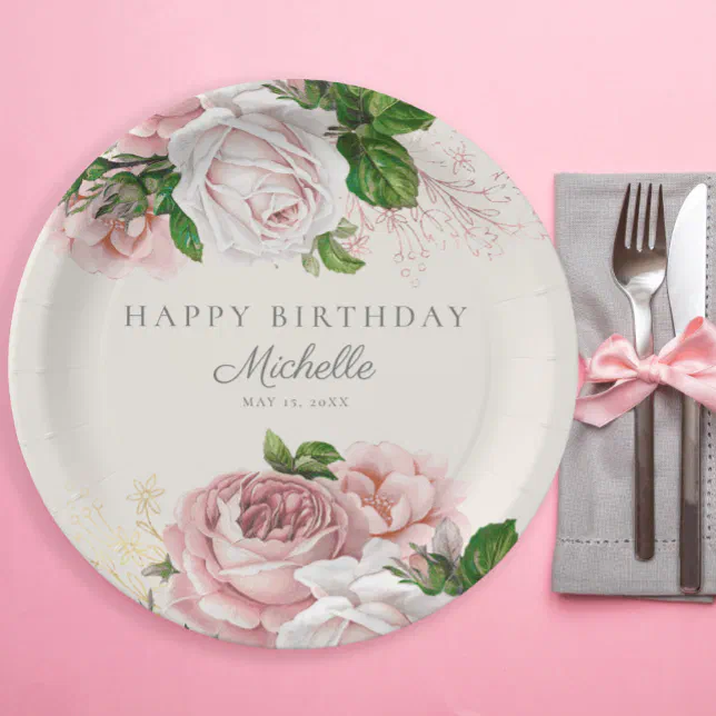 Dusty Rose Vintage Floral Women's Birthday Paper Plates | Zazzle