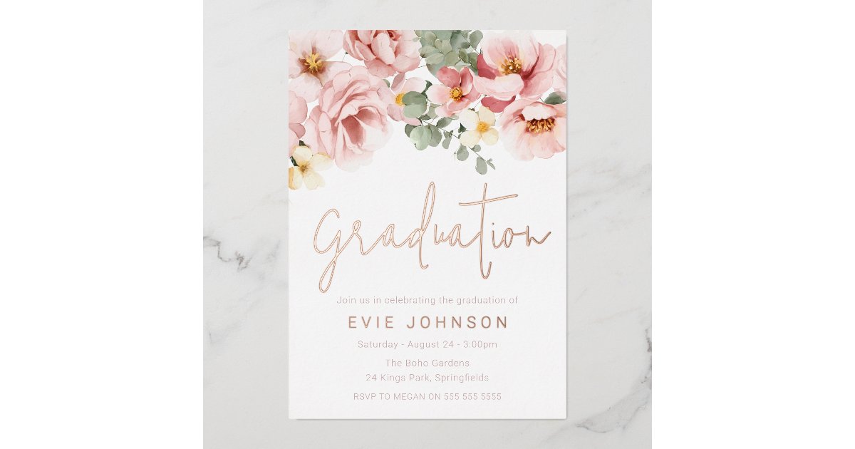 Dusty Rose Watercolor Floral Graduation Rose Gold Foil Invitation | Zazzle