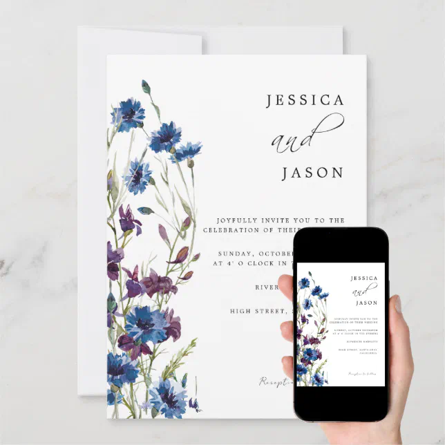 Dusty Royal Blue Purple Bloom Floral Wedding Invitation | Zazzle