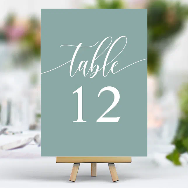 Dusty Teal Minimalist Calligraphy Wedding Table Number | Zazzle