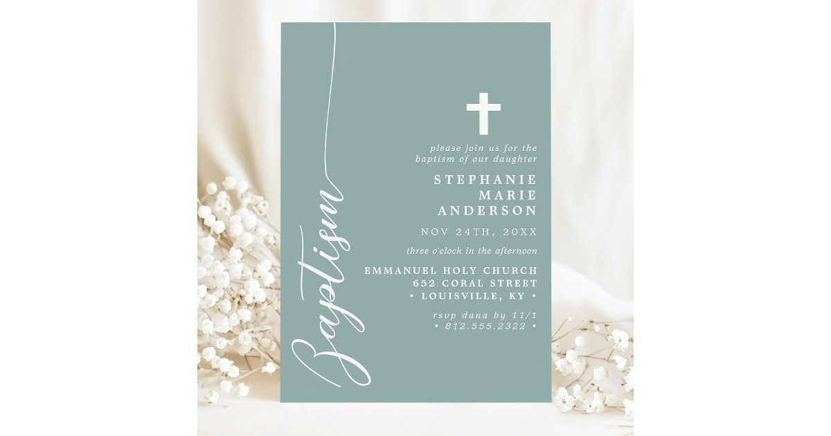 Dusty Teal Simple Modern Script Baptism Invitation | Zazzle
