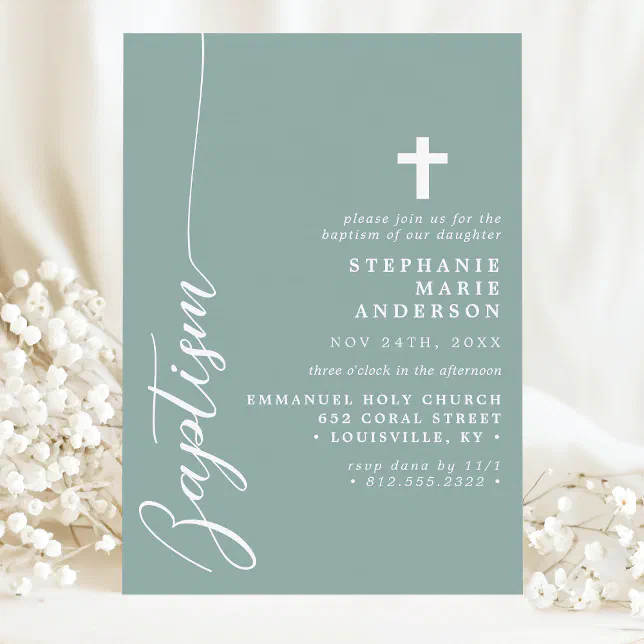 Dusty Teal Simple Modern Script Baptism Invitation | Zazzle