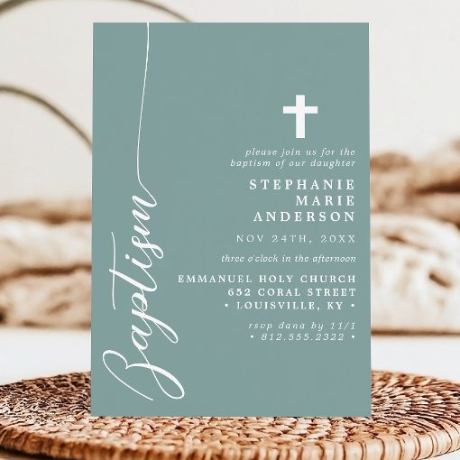 Dusty Teal Simple Modern Script Baptism Invitation | Zazzle