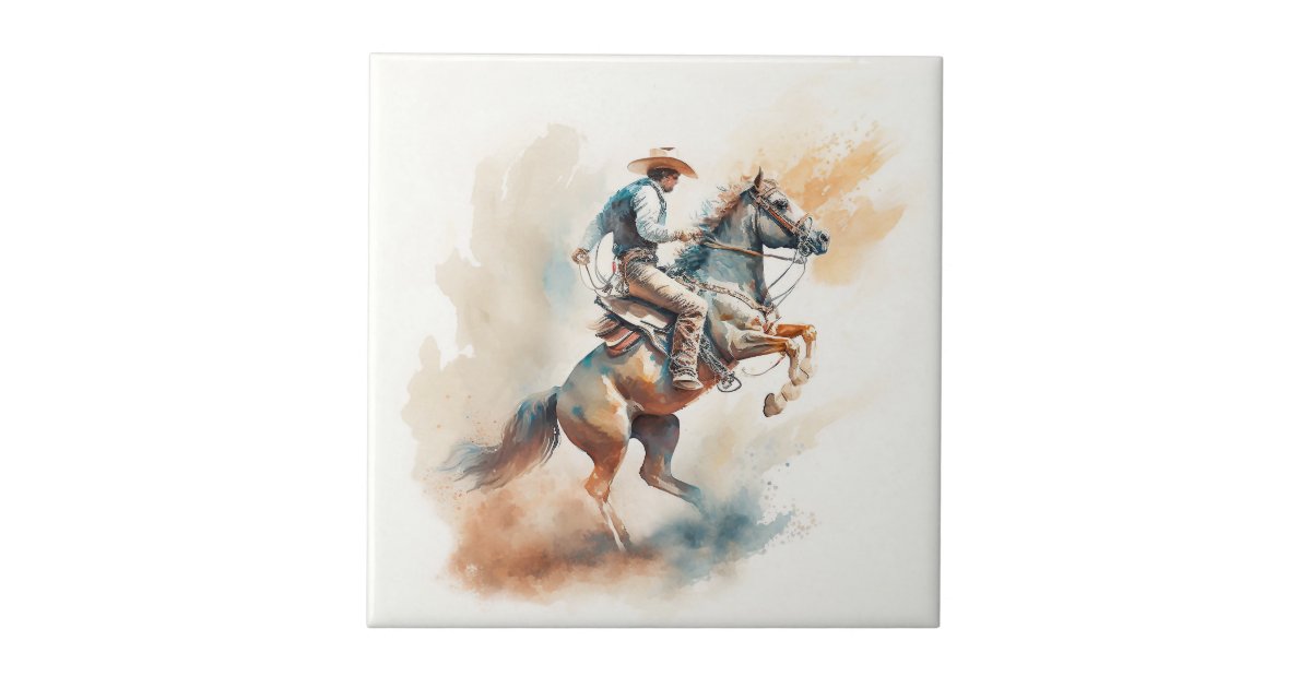 Dusty Western Watercolor “Bucking Bronco” Ceramic Tile | Zazzle