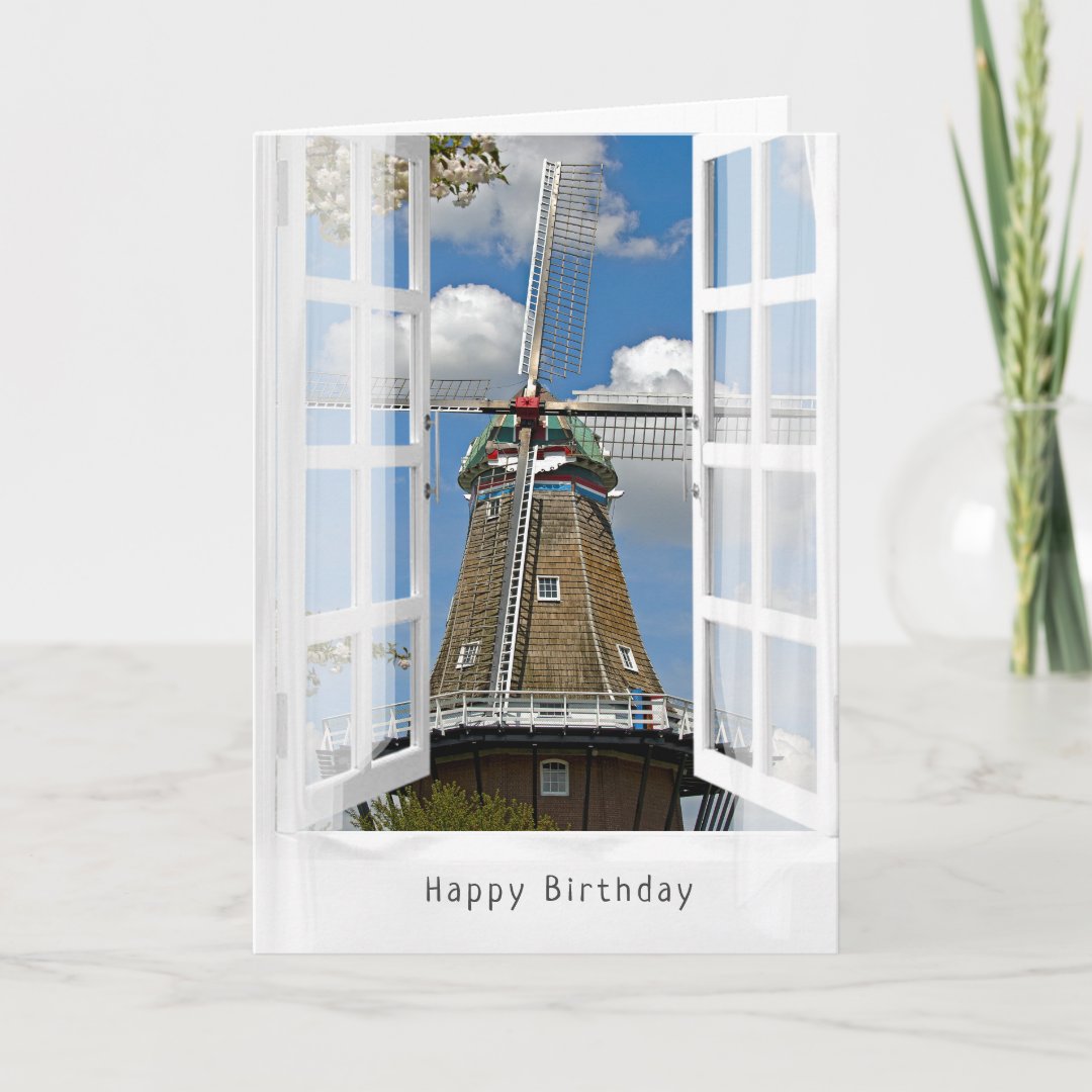 Dutch windmill in window for Birthday Card | Zazzle