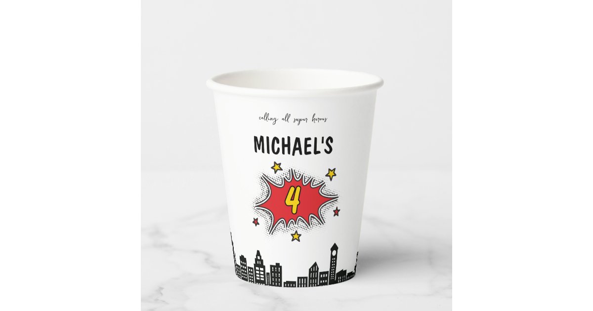 Dynamic Superhero 4th Birthday Paper Cups | Zazzle