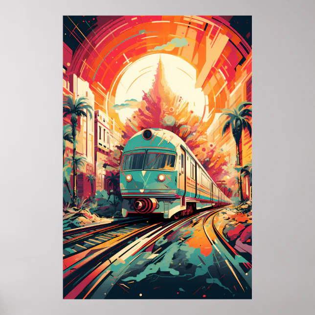 Dynamic Tracks: Vibrant Train Art on Abstract Rail Poster | Zazzle