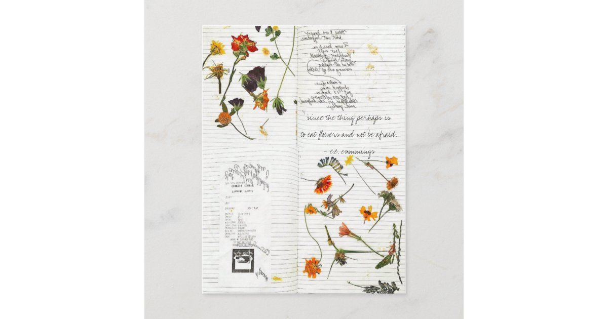e.e. cummings pressed flowers cursive diary postcard | Zazzle