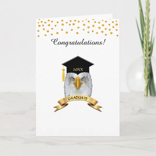 Eagle graduation congratulations on golden & white card | Zazzle