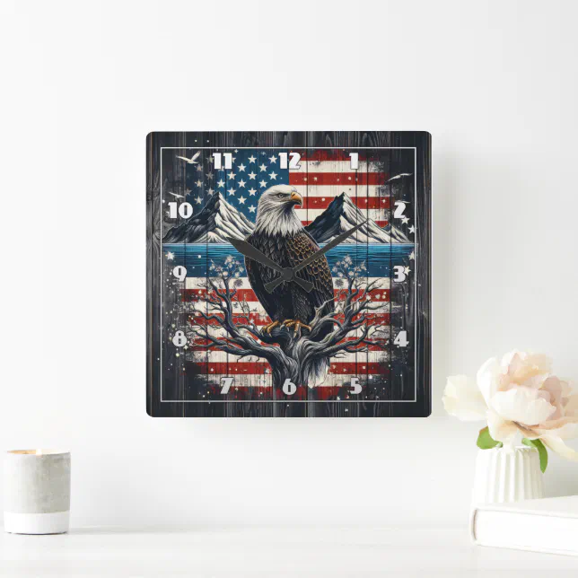 Eagle on Branch With American Flag Square Wall Clock | Zazzle
