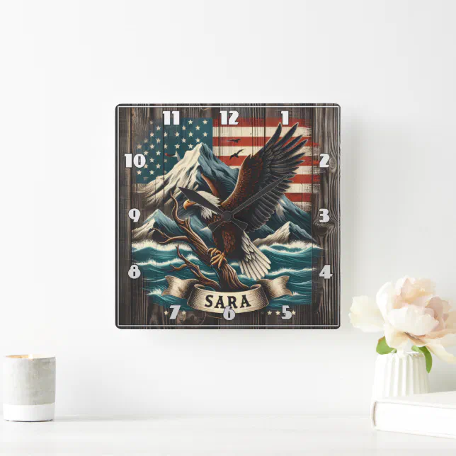 Eagle on Branch With Mountains and Flag Square Wall Clock | Zazzle