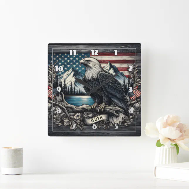 Eagle Perched on Branch With Mountain Backdrop Square Wall Clock | Zazzle