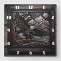 Eagle Sculpture With Mountain and Flag Design Square Wall Clock | Zazzle