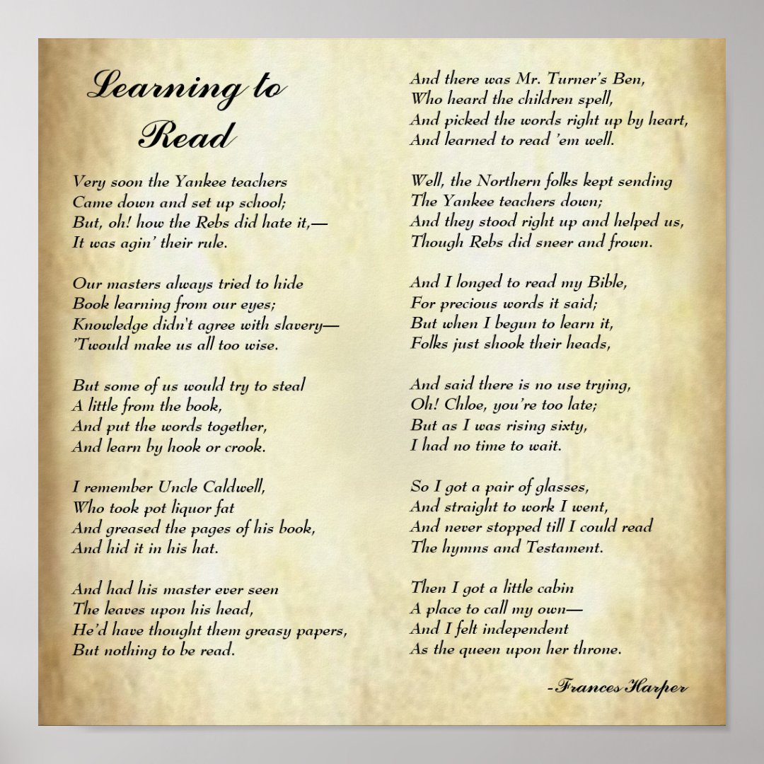 Early African American Poem Learning to Read Poster | Zazzle