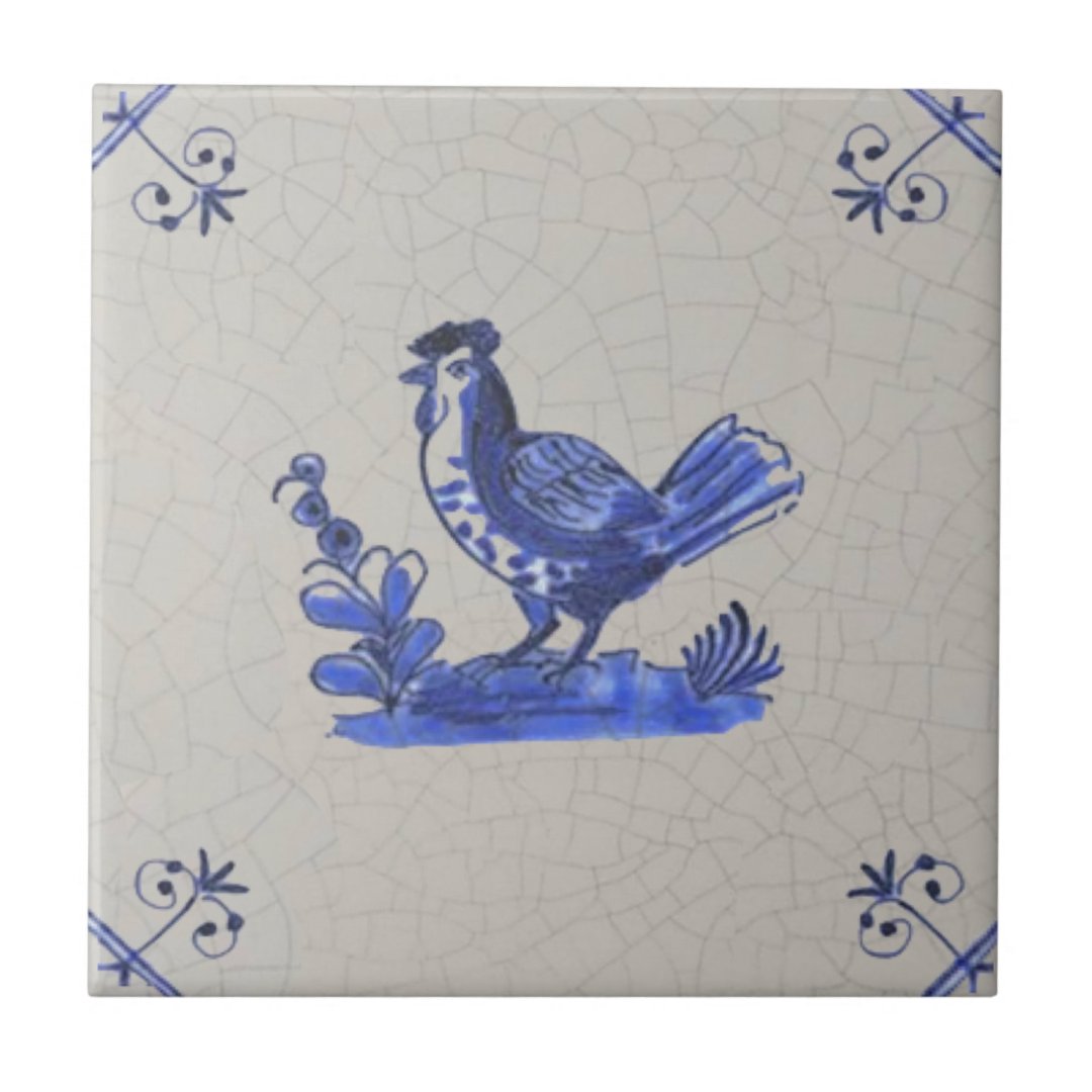 Early Blue Delft Handpainted Hen Antique Repro Ceramic Tile | Zazzle