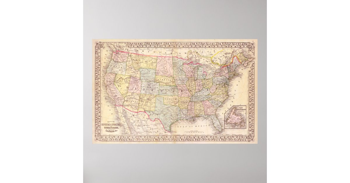 Early United States of America map, Mitchell 1867: Poster | Zazzle