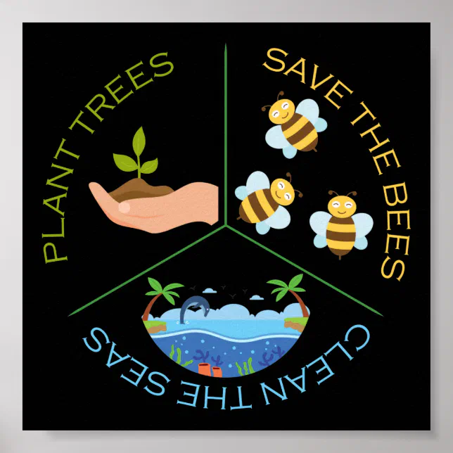 Earth Day Plant Trees Save The Bees Clean the Seas Poster | Zazzle