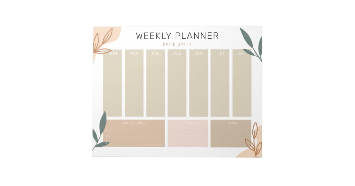 Earth-Toned Abstract & Green Leaves Weekly Planner Notepad | Zazzle