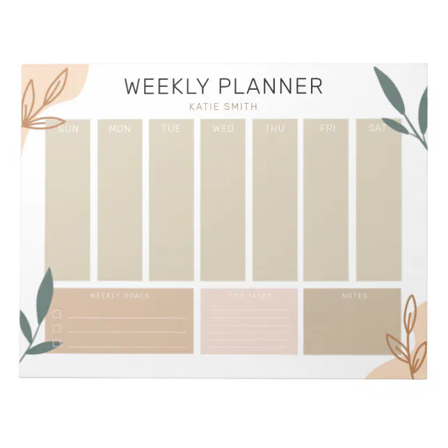 Earth-Toned Abstract & Green Leaves Weekly Planner Notepad | Zazzle