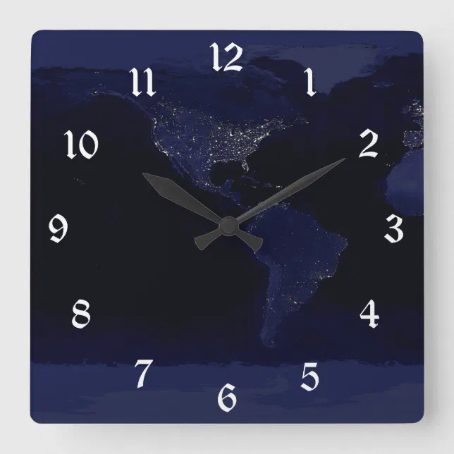 Earth World Map City Lights at Night Satellite Square Wall Clock | Zazzle