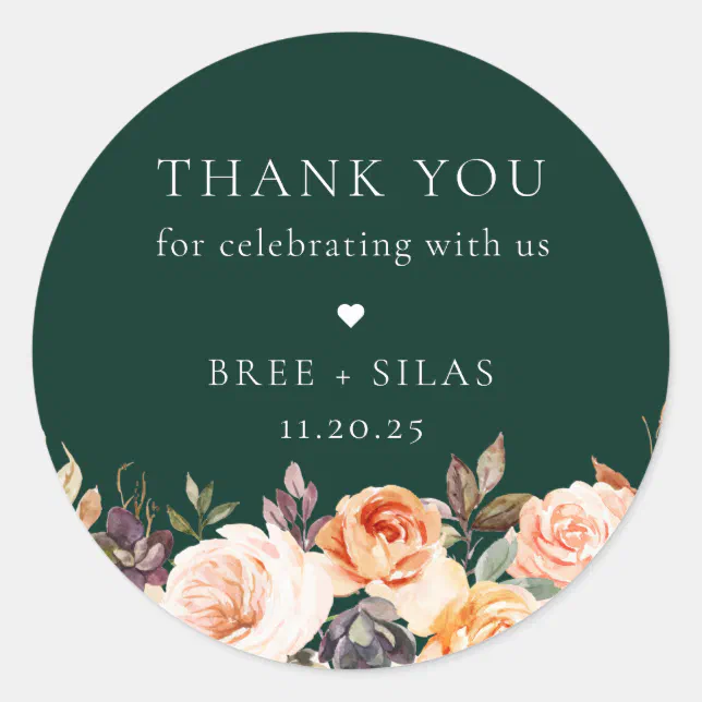 Earthy Autumn Floral Wedding Thank You Classic Round Sticker | Zazzle