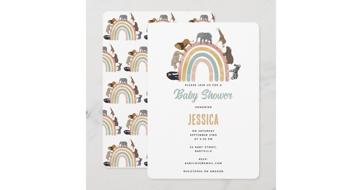Earthy Colors Rainbow Jungle Animals Baby Shower Invitation | Zazzle