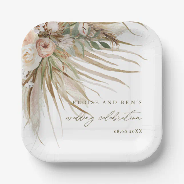 Earthy Dried Pampas Grass Floral Wedding Bridal Paper Plates | Zazzle