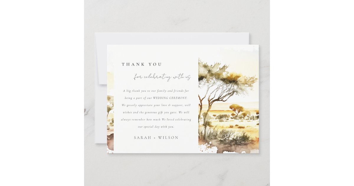 Earthy Muted Watercolor African Landscape Wedding Thank You Card | Zazzle